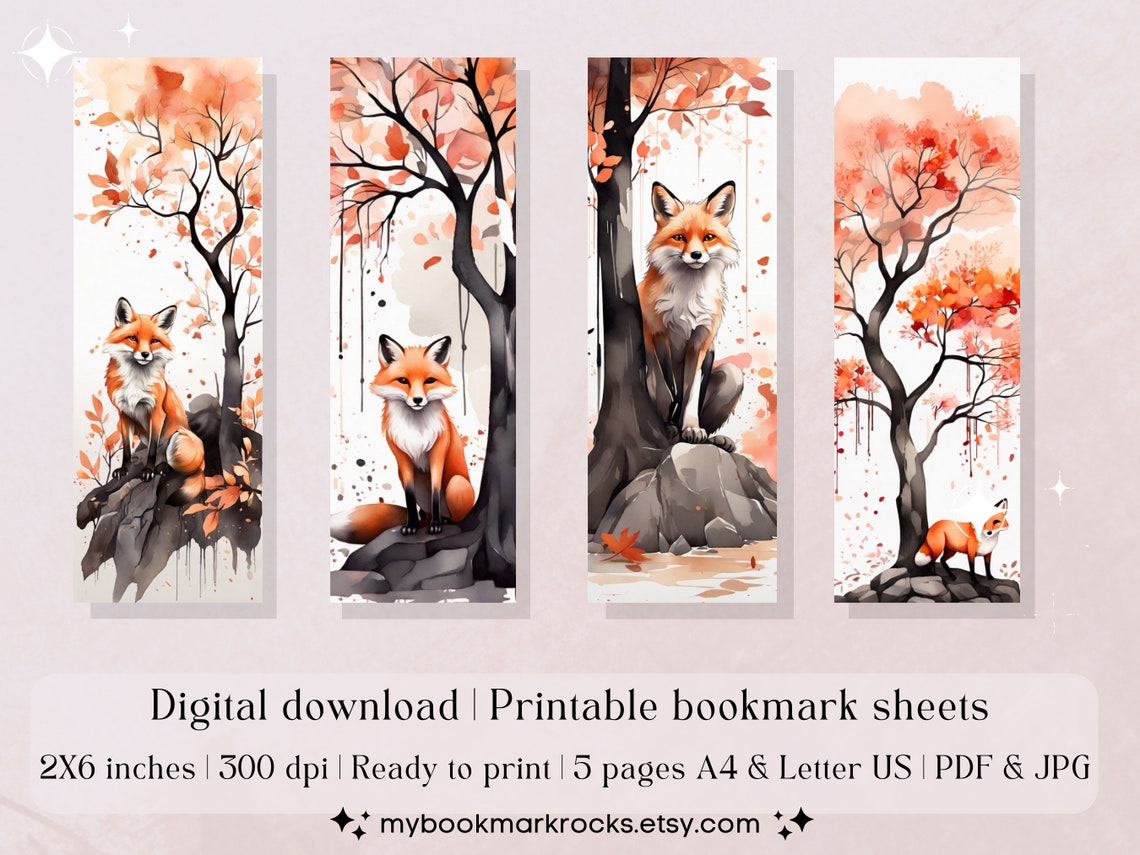 Set of 20 Watercolor "fox in Autumn" Printable Bookmarks, Fall ...