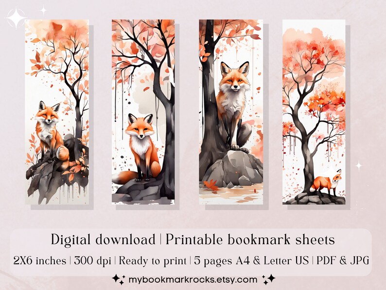 Set of 20 Watercolor "fox in Autumn" Printable Bookmarks, Fall ...