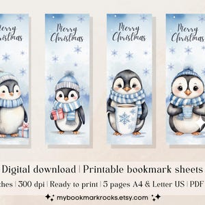 Set of 20 Watercolor "cute Penguin" Printable Bookmarks, Christmas ...