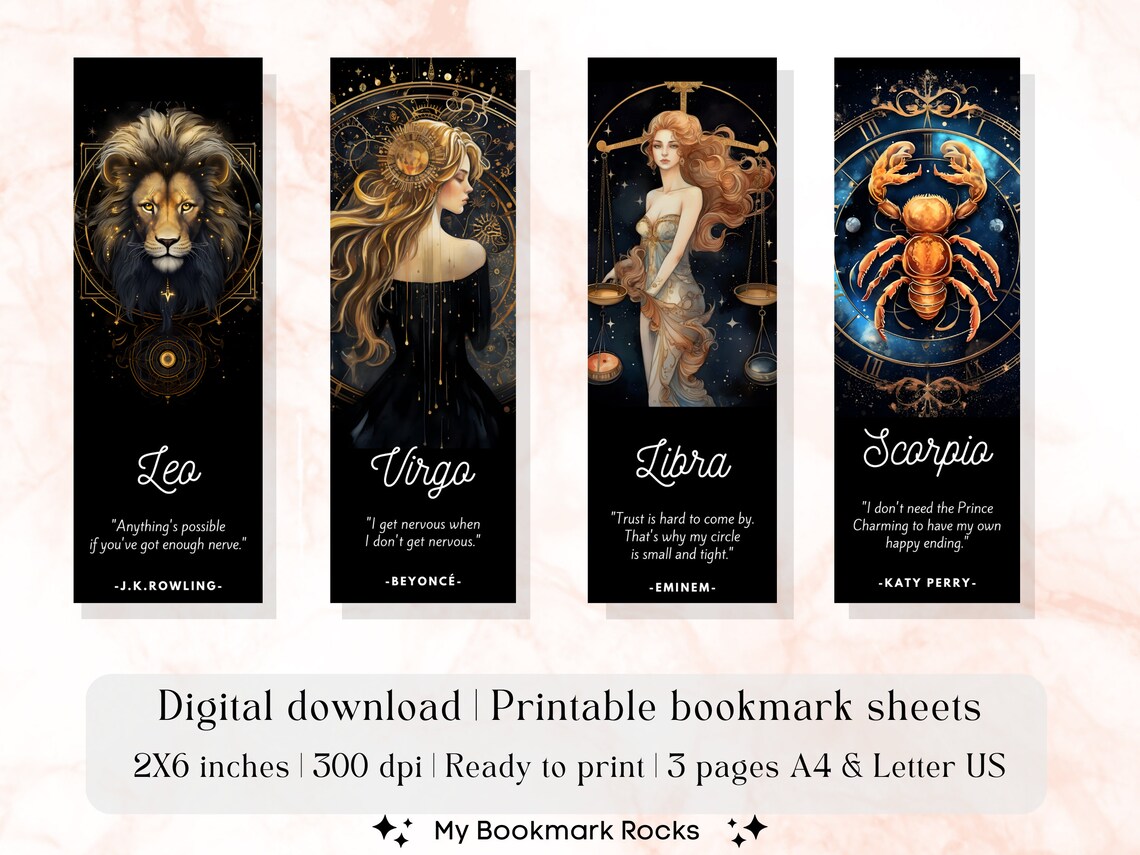 Set of 12 "zodiac" Printable Bookmarks, Astrology Bookmarks With Quotes ...