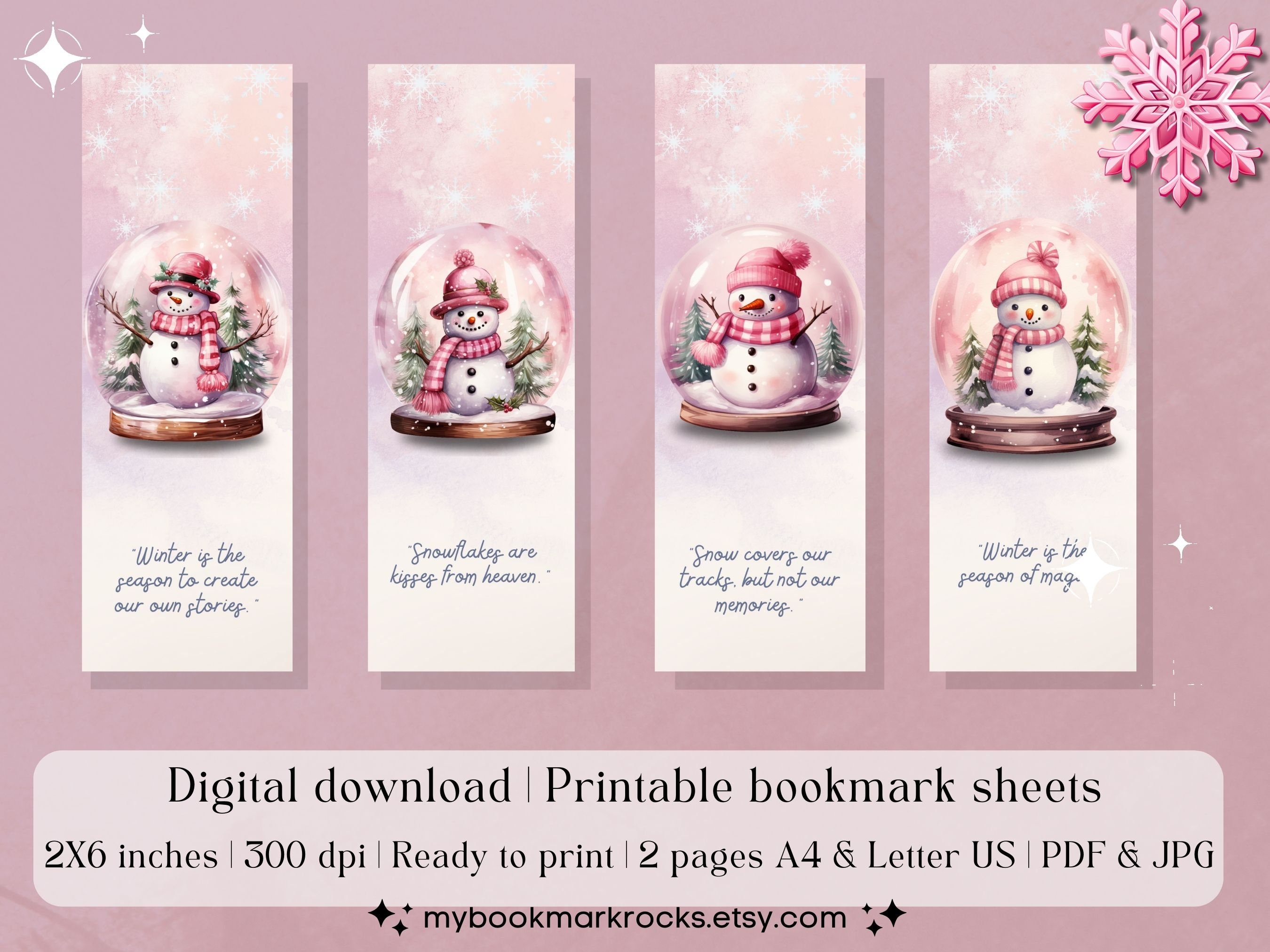 Set of 8 Pink Snow Globe Printable Bookmarks Christmas Bookmarks High ...
