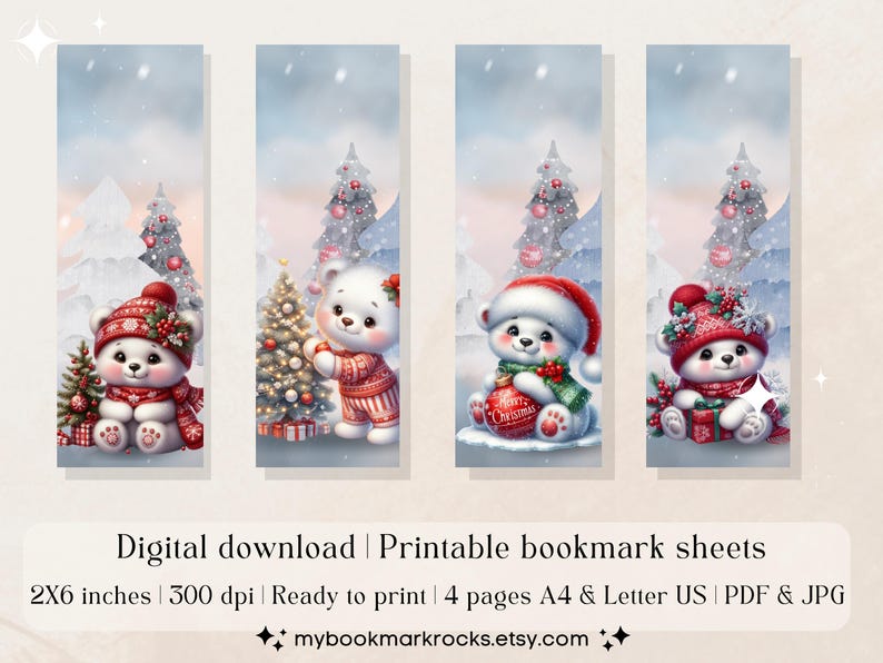 Set of 16 "christmas Polar Bear" Printable Bookmarks, Christmas Designs ...