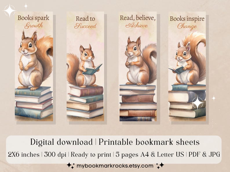 Set of 20 Watercolor "squirrel & Books" Printable Bookmarks, Animal ...