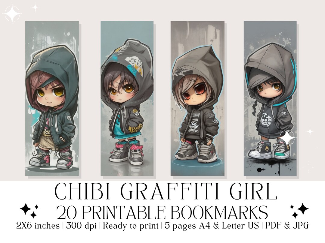 Set of 20 "chibi Graffiti Girl" Printable Bookmarks, Hooded Girl, High ...