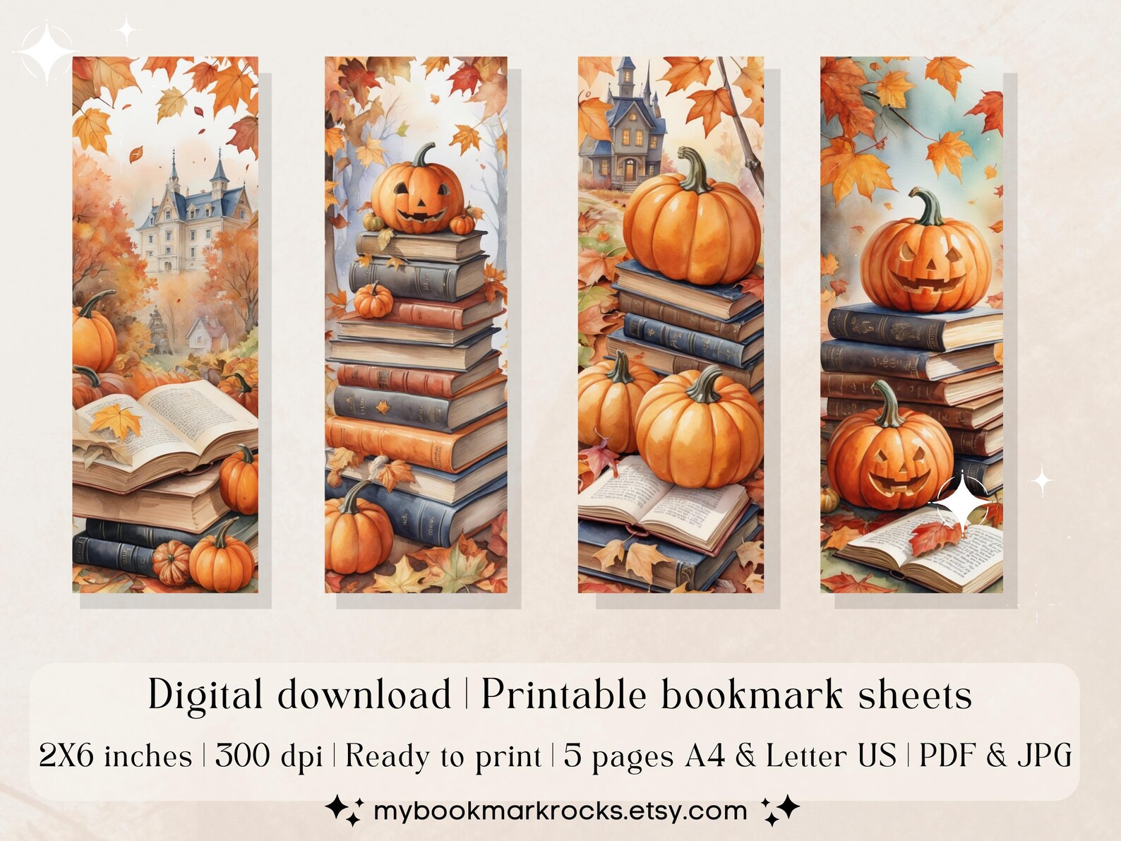 Set of 20 Watercolor "pumpkins & Books" Printable Bookmarks, Fall ...