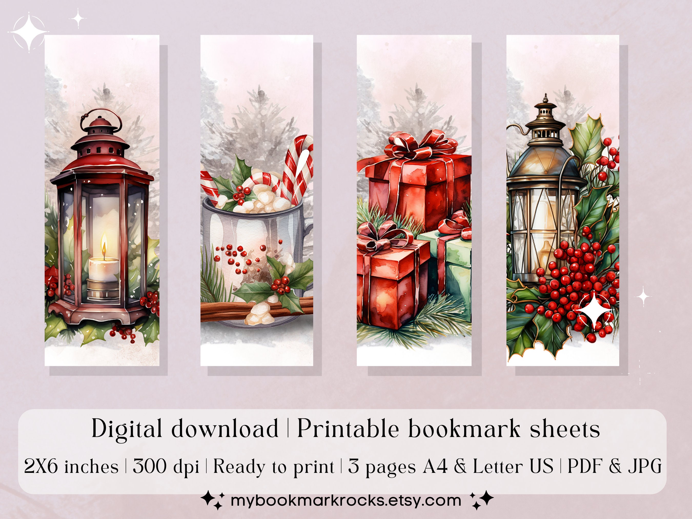 Set of 12 vintage Christmas Printable Bookmarks, Christmas Watercolor ...