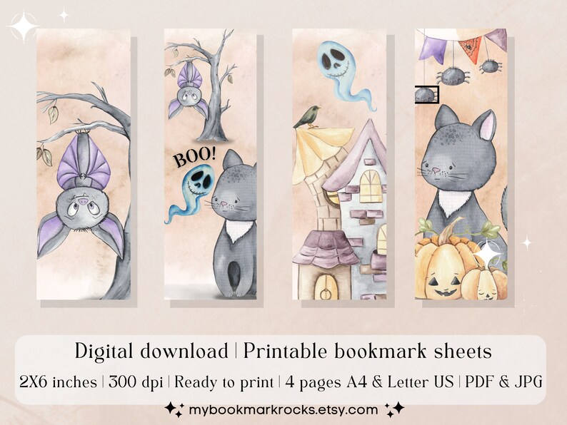 Set of 16 halloween Printable Bookmarks, Reading Bookmarks, Watercolor ...