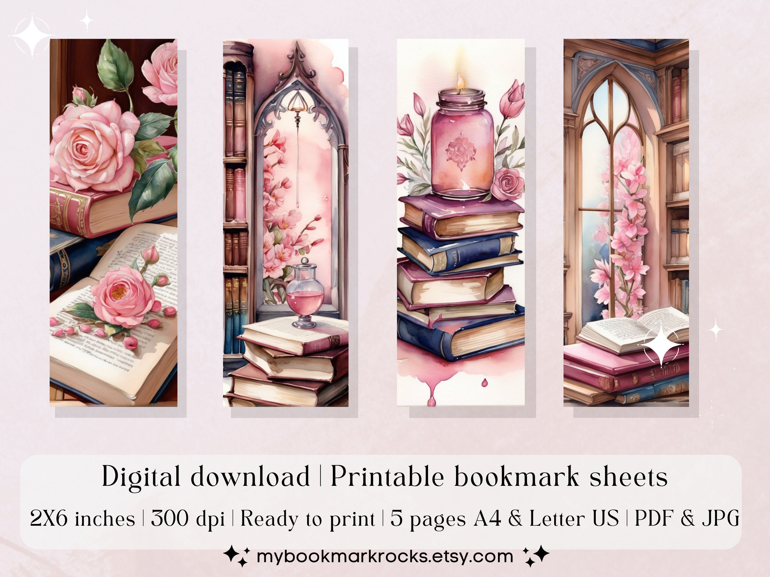 Set of 20 Watercolor "pink” Printable Bookmarks, High-quality PDF & JPG ...