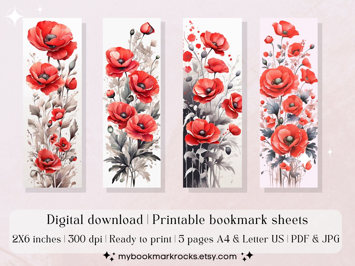 Set of 20 Watercolor "poppies" Printable Bookmarks, Floral Designs ...