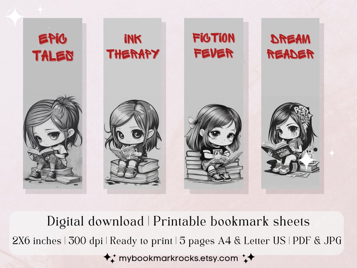 Set of 20 Kawaii "chibi Girl Reader" Printable Bookmarks, Kawaii Style ...