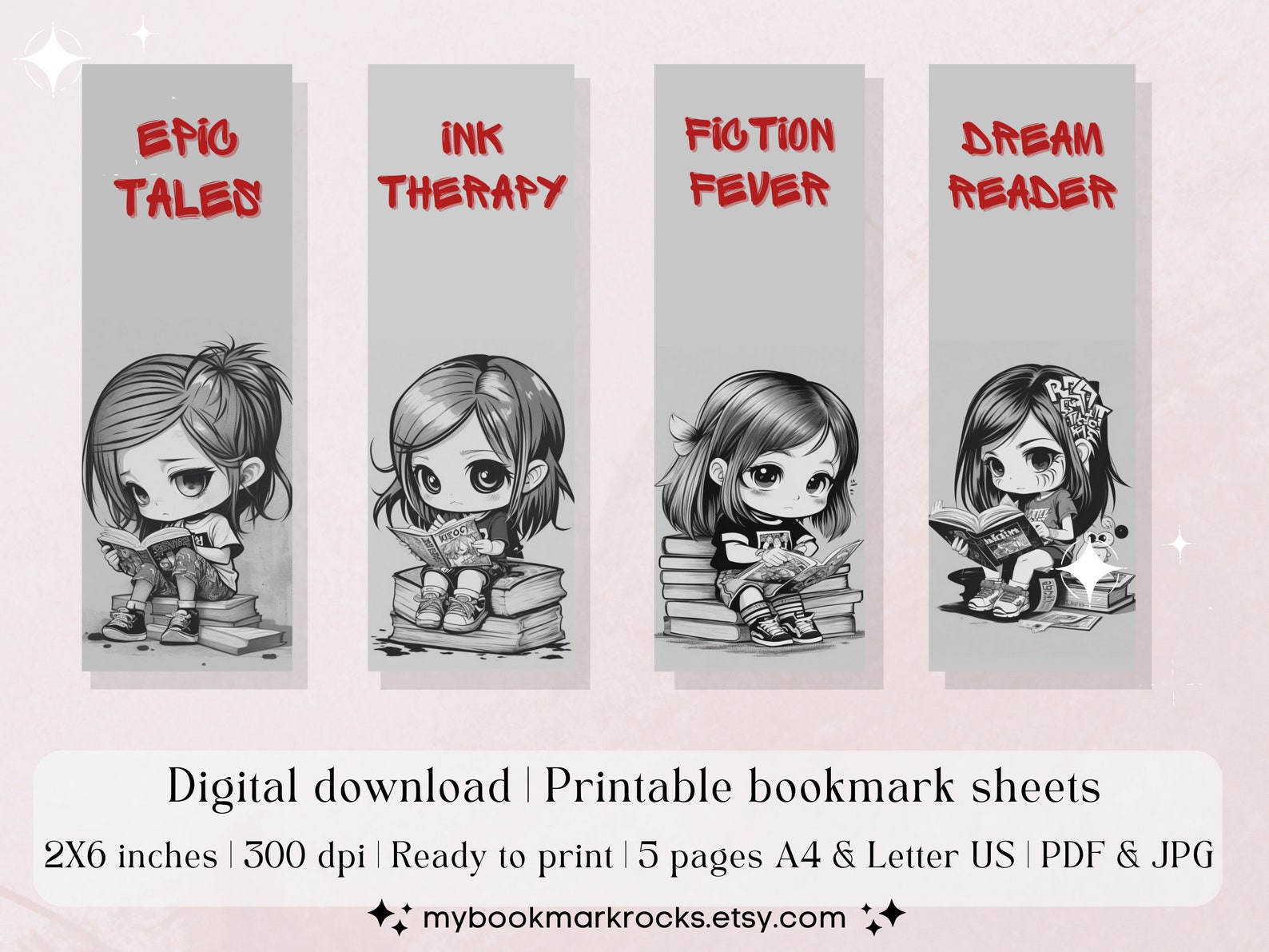 Set of 20 Kawaii "chibi Girl Reader" Printable Bookmarks, Kawaii Style ...