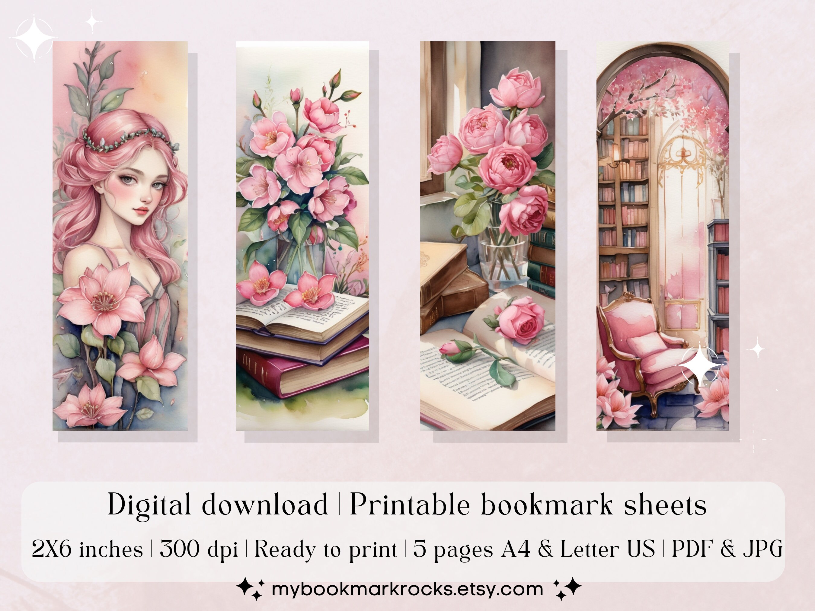 Set of 20 Watercolor "pink” Printable Bookmarks, High-quality PDF & JPG ...