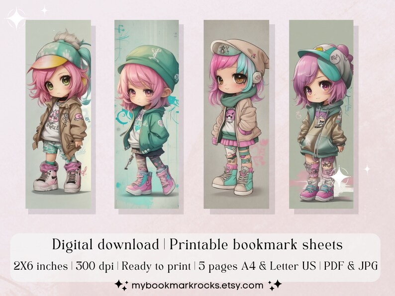 Set of 20 chibi Pastel Graffiti Girl Printable Bookmarks, High-quality ...
