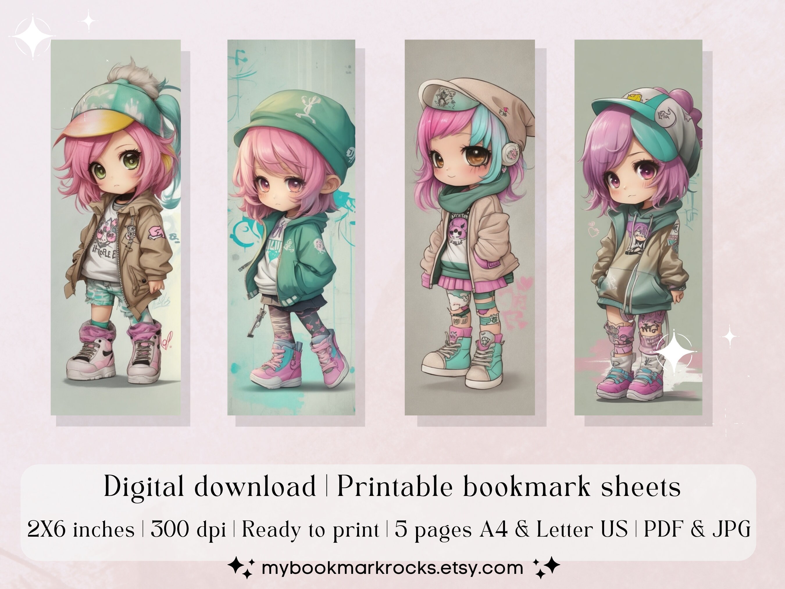 Set of 20 "chibi Pastel Graffiti Girl" Printable Bookmarks, Graffiti ...