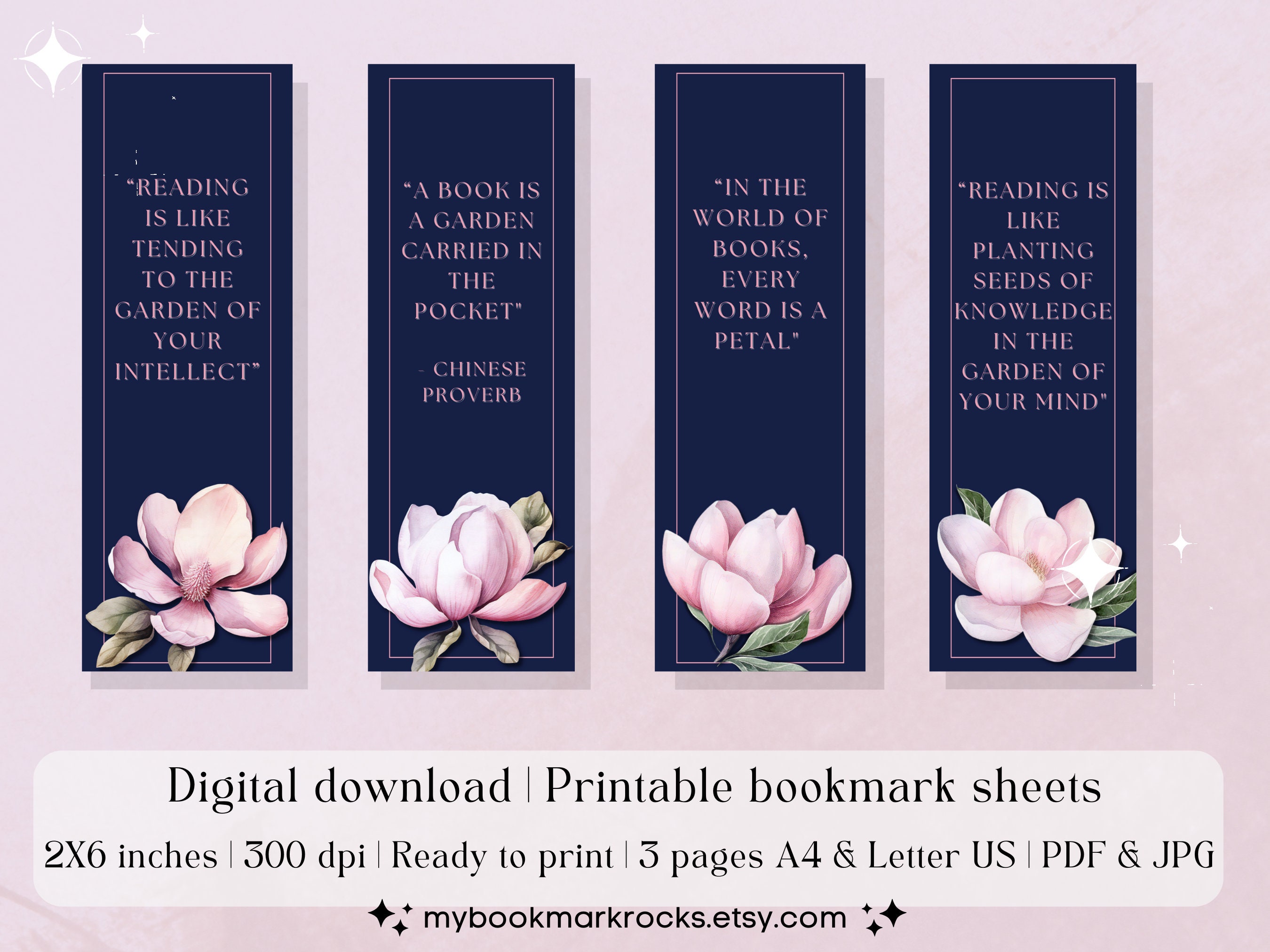 Set of 12 "magnolia in Blue" Printable Bookmarks, Reading Quote ...