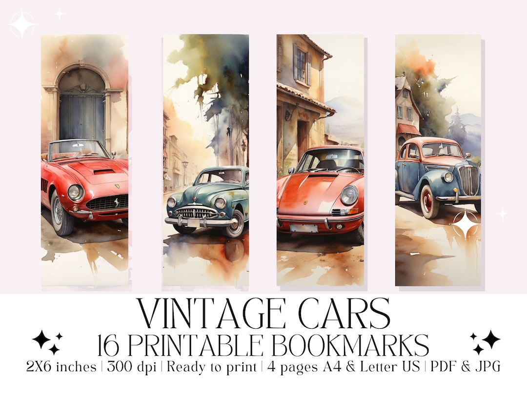 Set of 16 Watercolor "vintage Cars" Printable Bookmarks, Classic Car ...