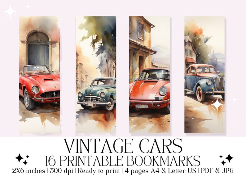 Set of 16 Watercolor "vintage Cars" Printable Bookmarks, Classic Car ...