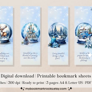Set of 12 Blue Snow Globe Printable Bookmarks | Christmas Bookmarks ...