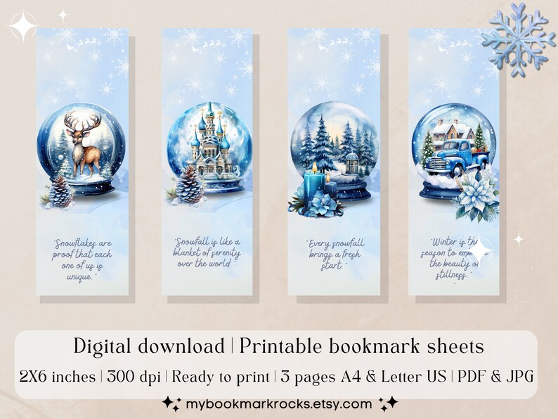 Set of 12 Blue Snow Globe Printable Bookmarks | Christmas Bookmarks ...