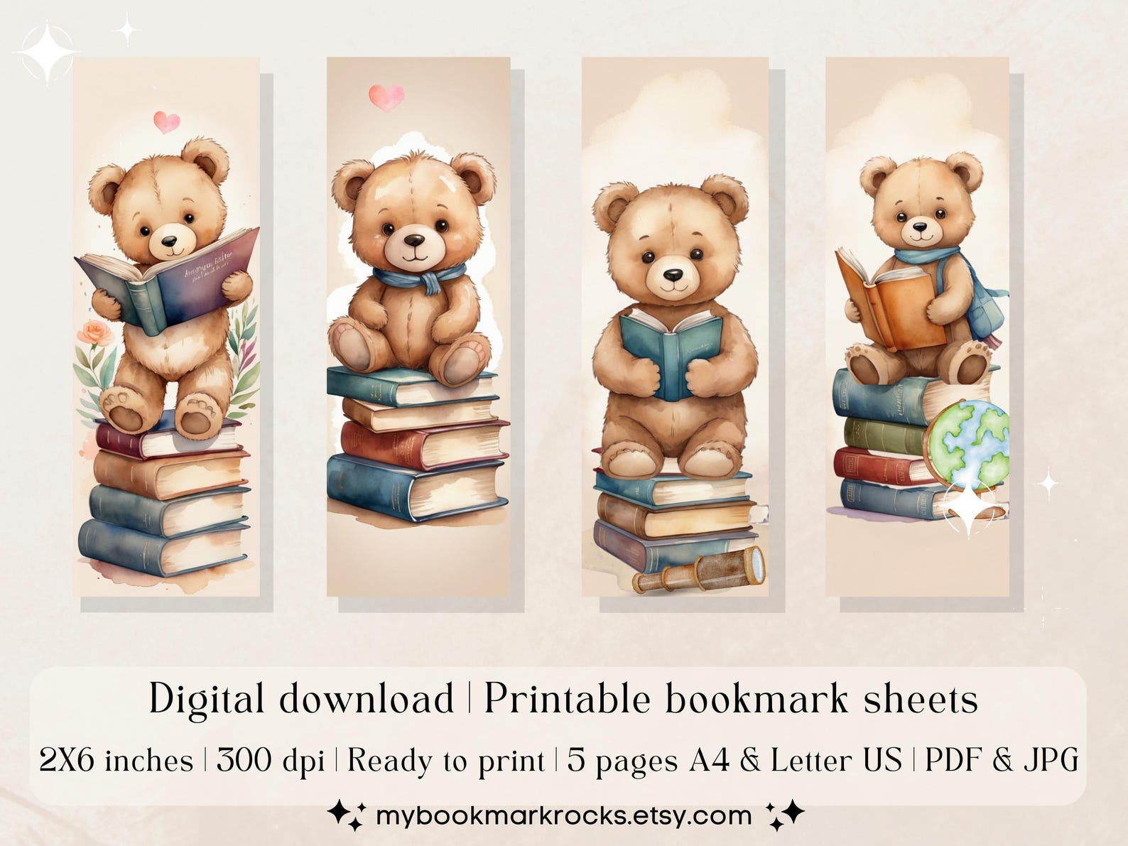 Set of 20 Watercolor "teddy Bear” Printable Bookmarks, High-quality PDF ...