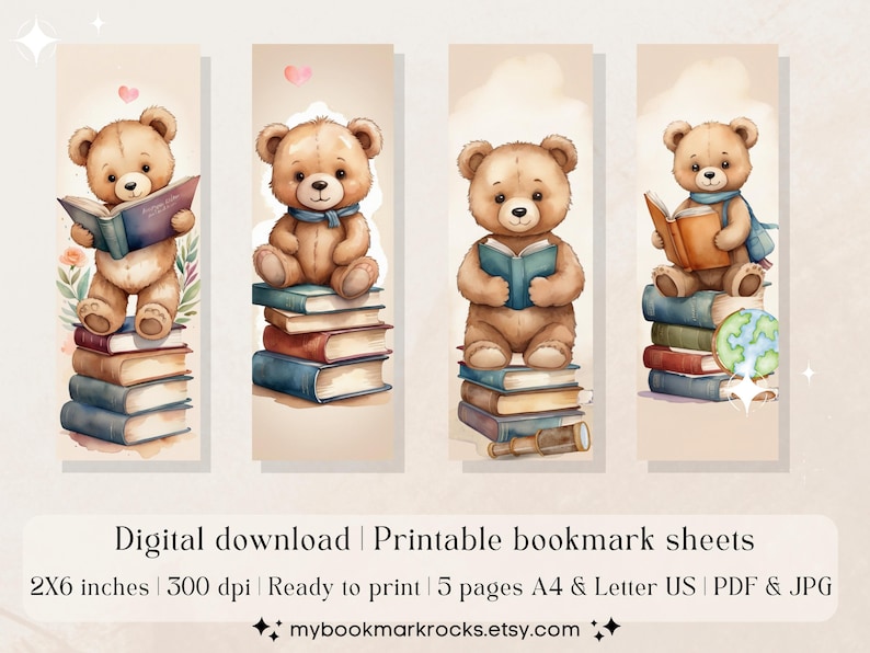 Set of 20 Watercolor "teddy Bear" Printable Bookmarks, Bookmarks for ...