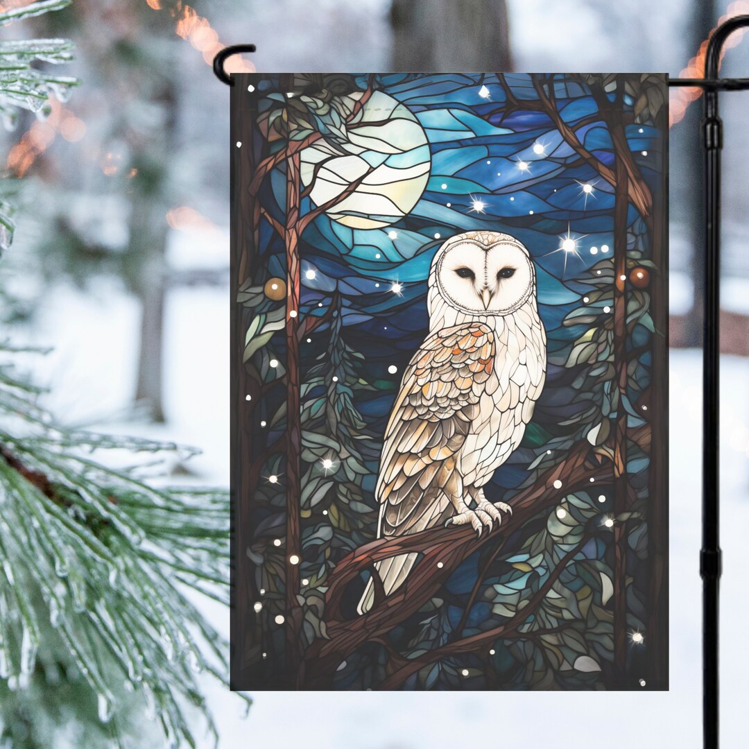 Owl Garden Flag for Winter Yule Decor Stained Glass Flag Christmas Gift ...