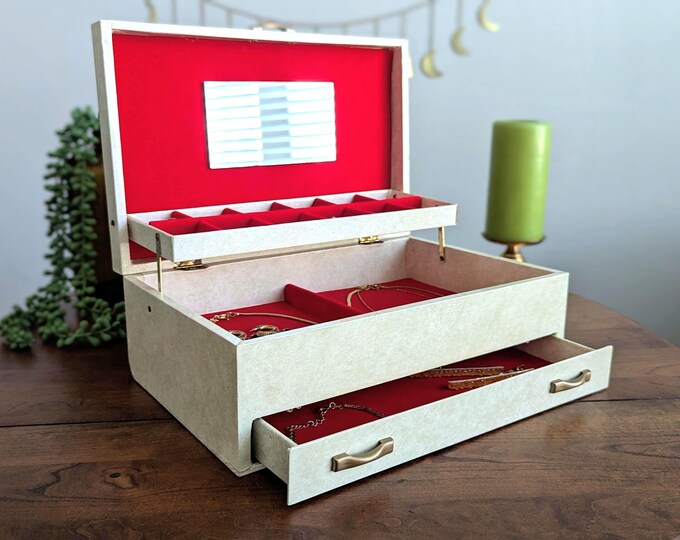Vintage Tiered Jewelry Box Cream Leatherette Red Velvet Interior Mid ...