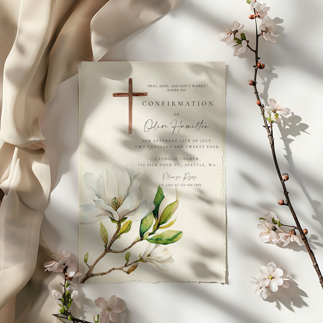 Magnolia Confirmation Invitation Template: Catholic Celebration ...