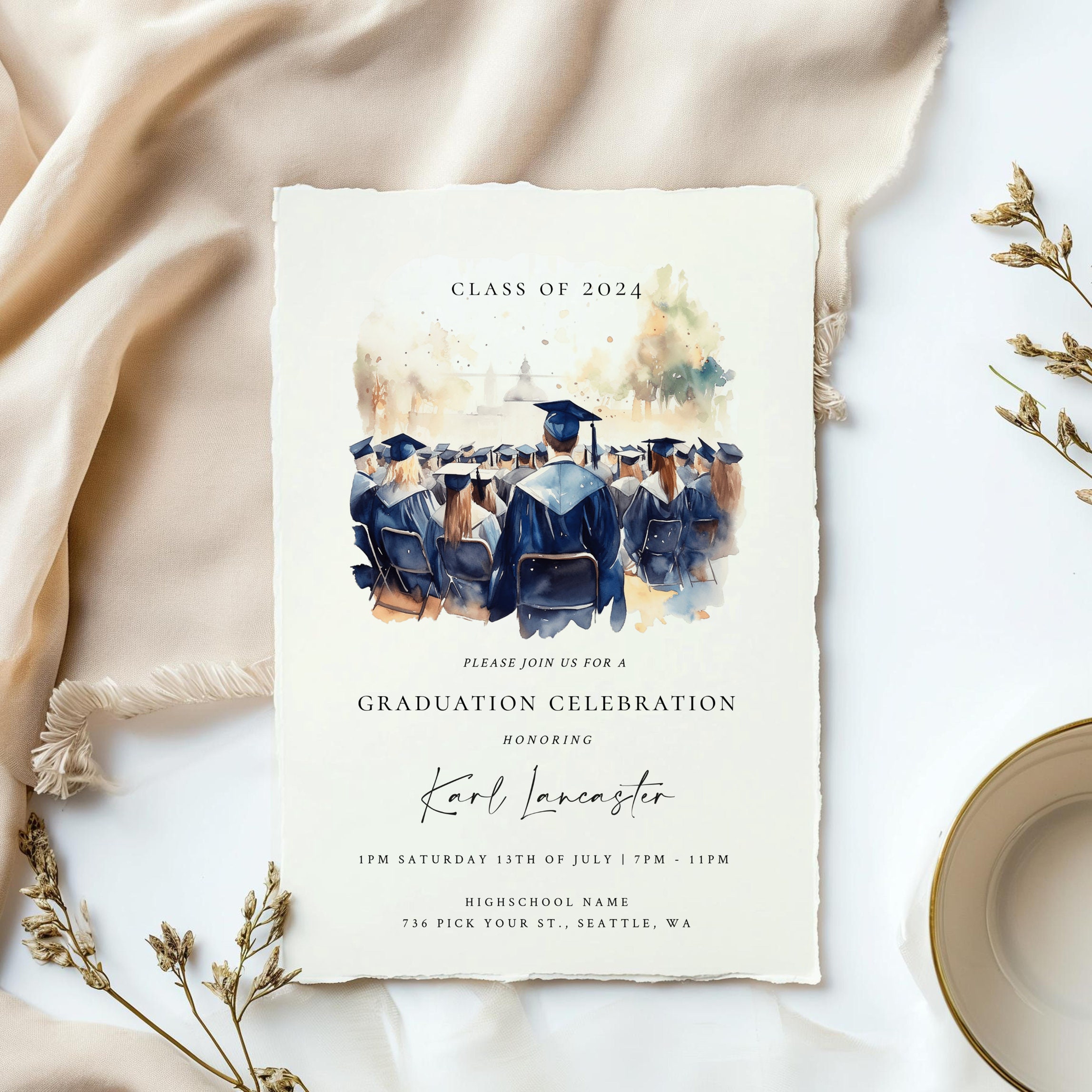 Watercolor Graduation Invitation Template: Elegant Script (editable) - Etsy