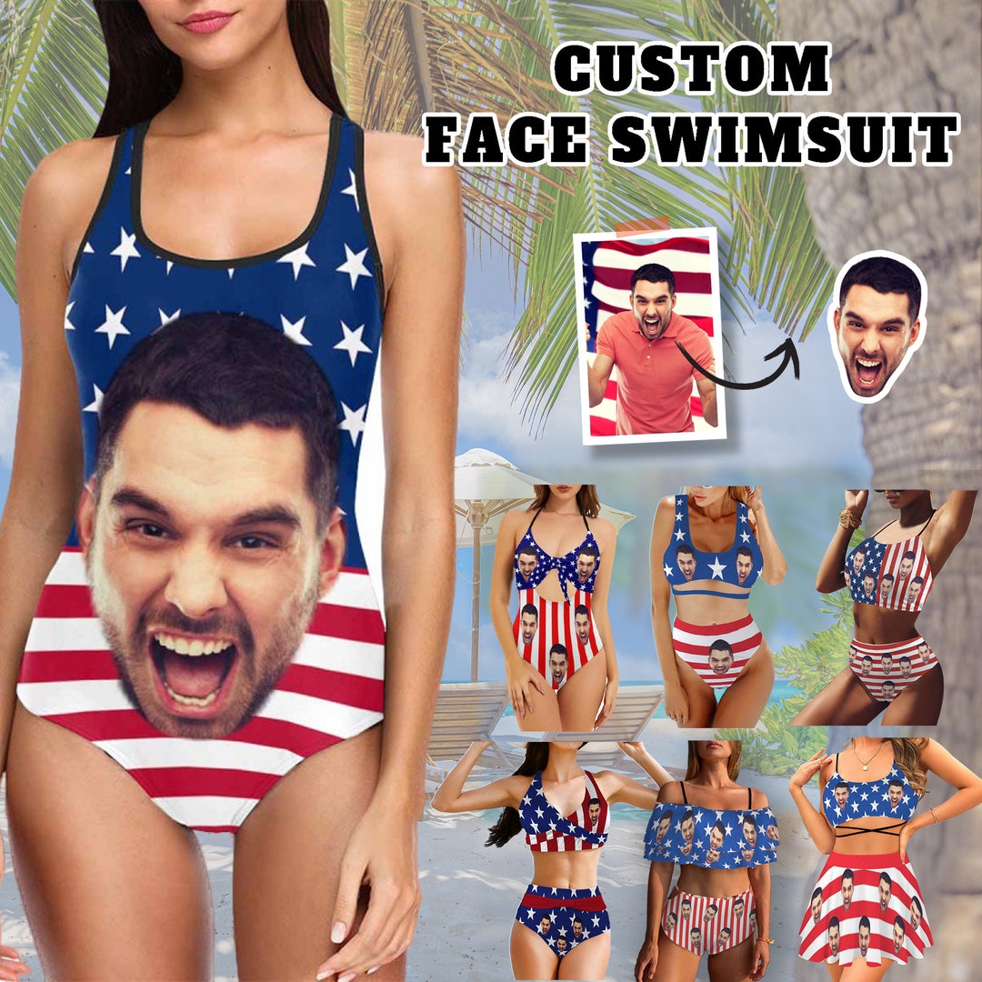 Custom Usa Flag Swimsuit With Facecustom One Piece Swimwear Beach Partyfun American 4th Of