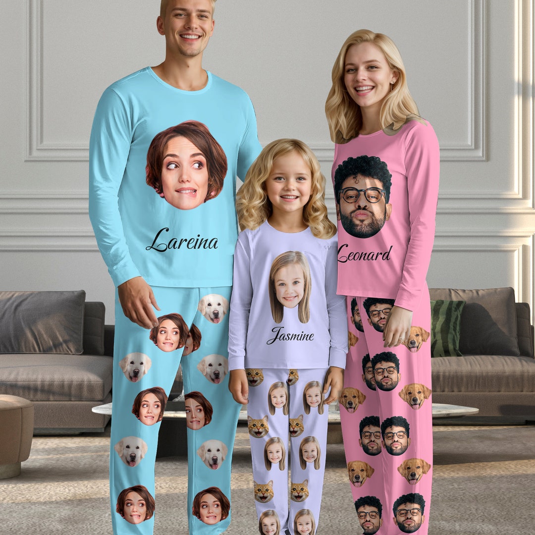 Custom Face Family Pajamas,name/text Pajamas Set, Pet Owner Pajamas Set ...