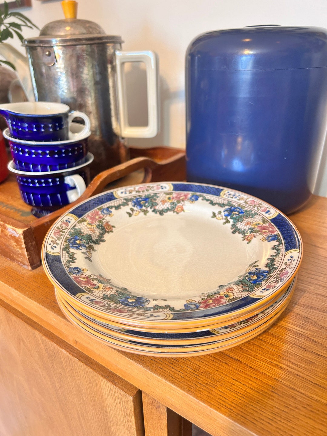 Vintage Small Plates With Unusual Dark Blue Border Floral Pattern ...