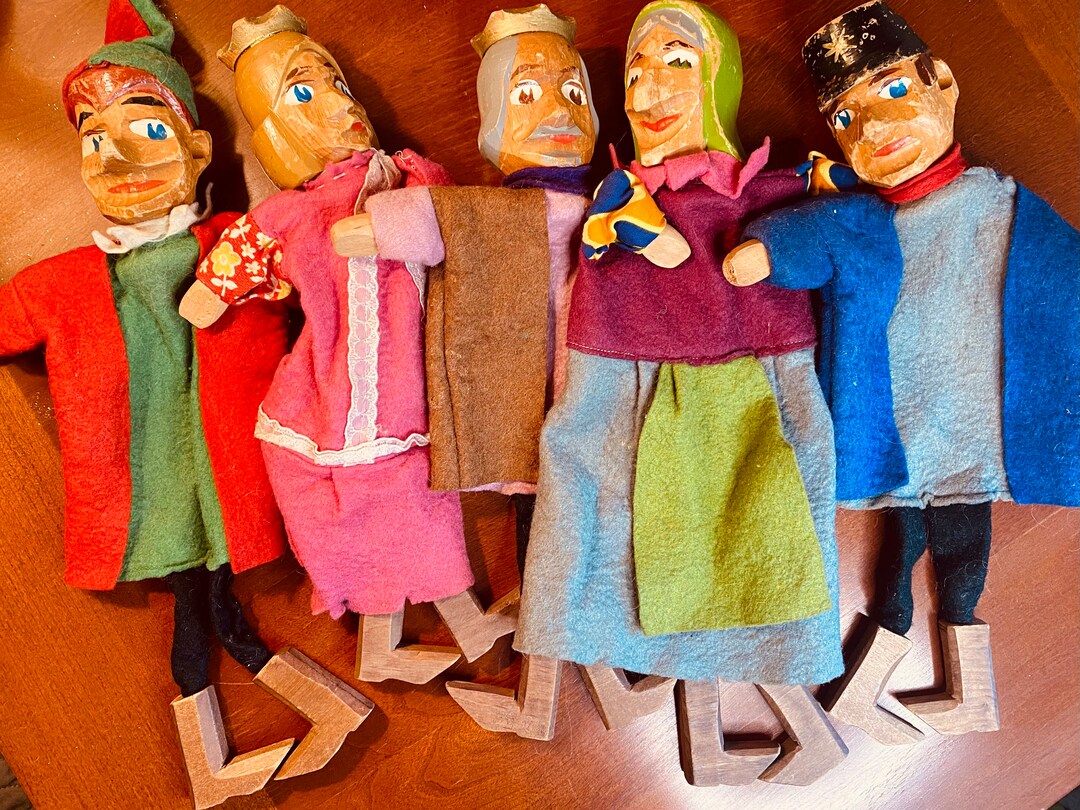 Hand Puppets With Carved Wooden Heads, Hand Painted, Set of 5. Cute or ...
