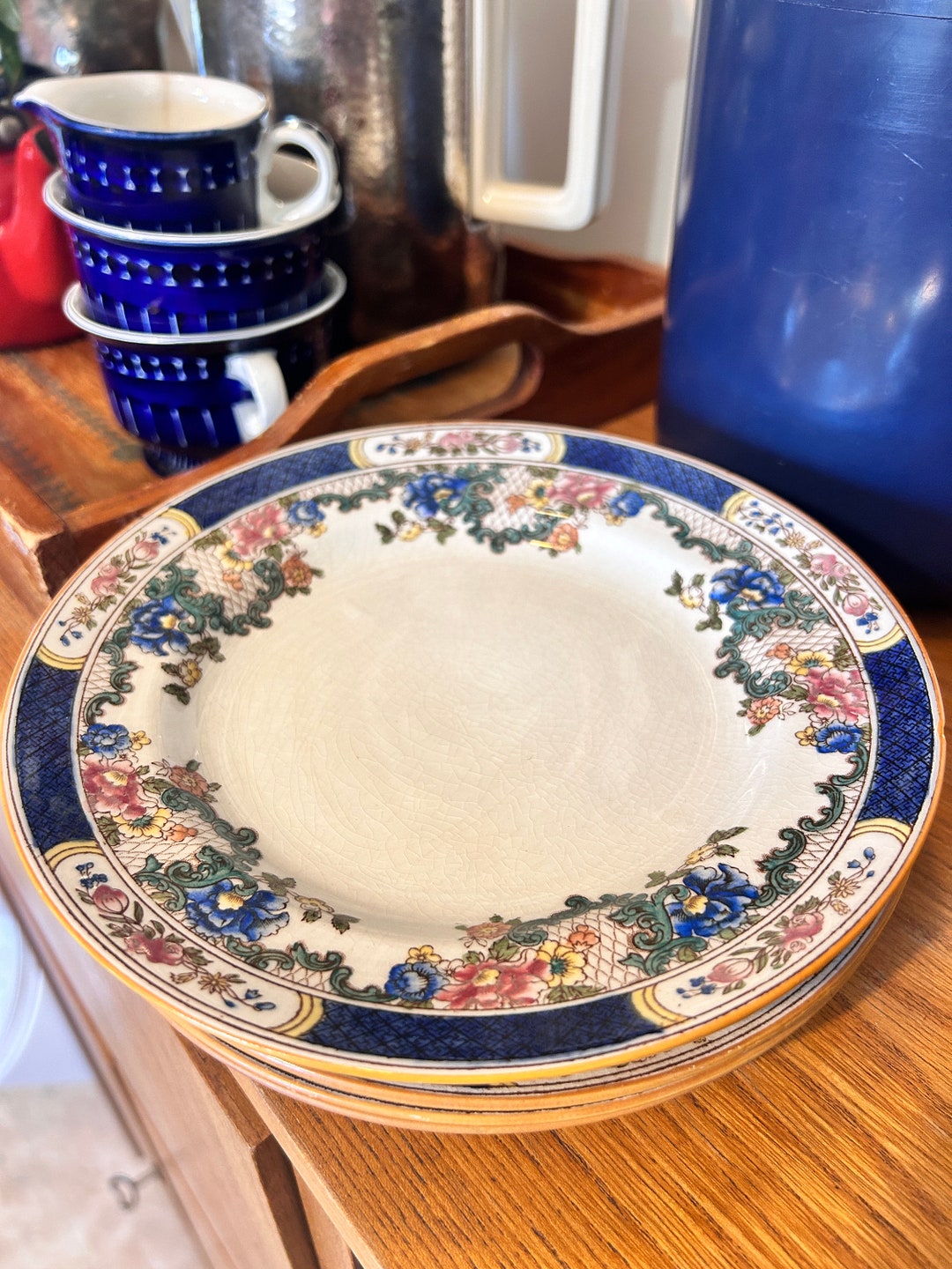 Vintage Small Plates With Unusual Dark Blue Border Floral Pattern ...