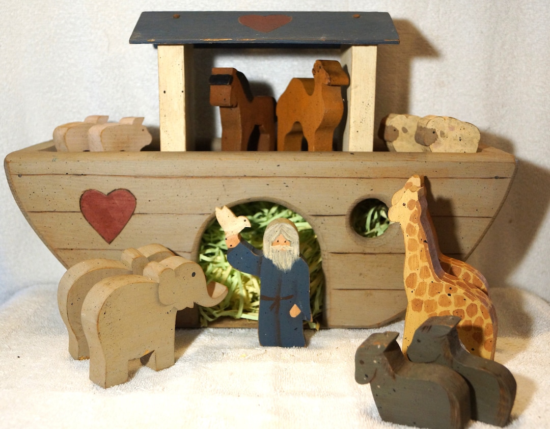 Handmade Hand Painted Wooden Noah's Ark With Noah, the Ark, and 12 ...