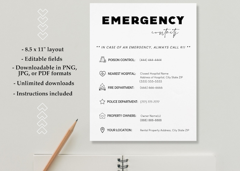 Editable Emergency Contact Information Sheet | Important Phone Numbers ...