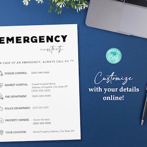 Editable Emergency Contact Information Sheet | Important Phone Numbers ...