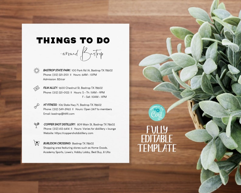 Editable Things to Do/places to Visit Printable | Local Attraction List ...