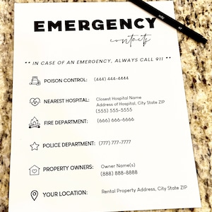 Editable Emergency Contact Information Sheet | Important Phone Numbers ...