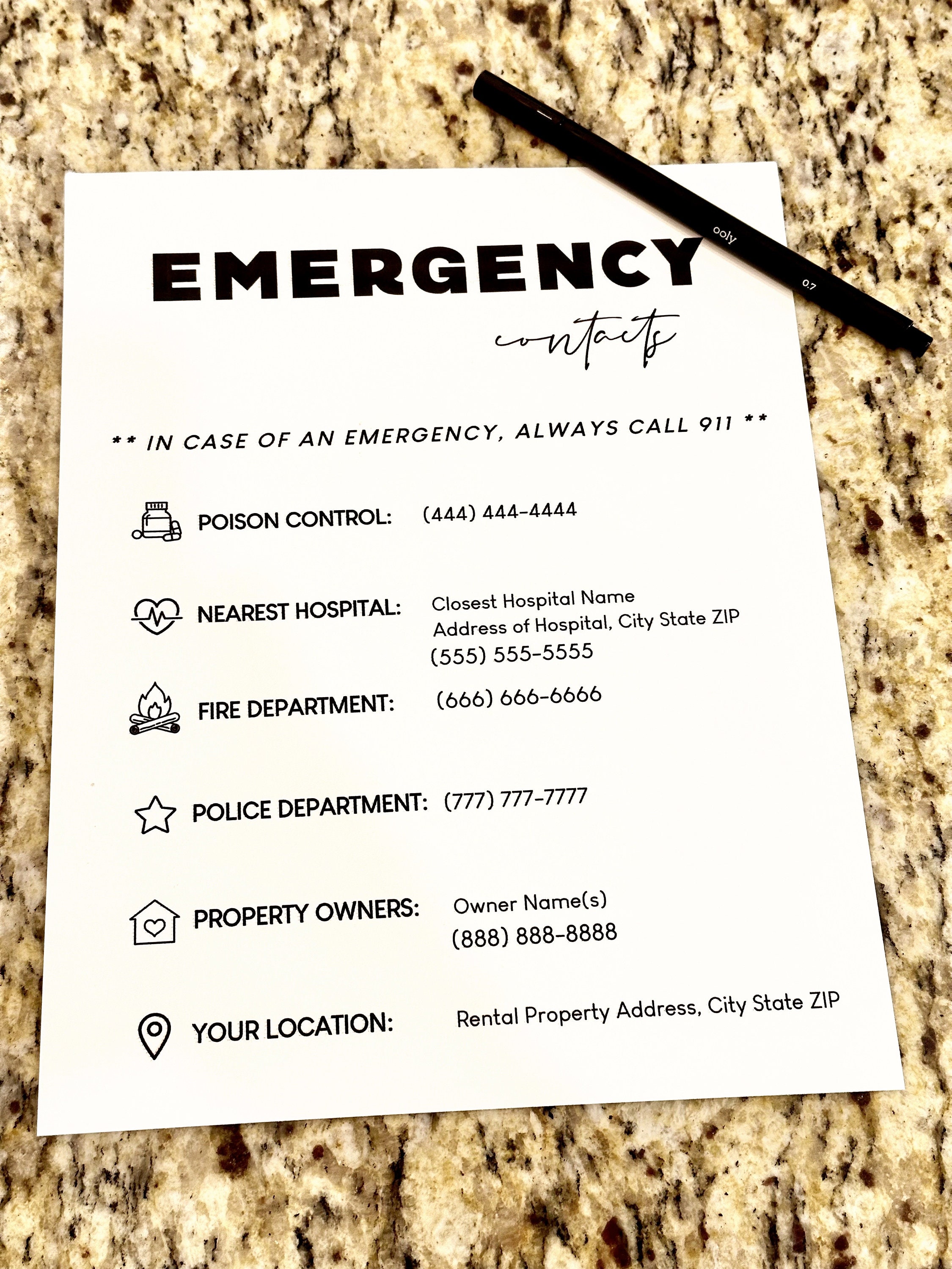 Editable Emergency Contact Information Sheet | Important Phone Numbers ...