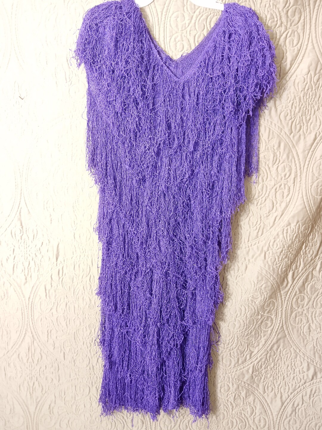 Vintage 80s FRENCH RAGS Flapper Style Fringe Dress PURPLE Women's Large ...