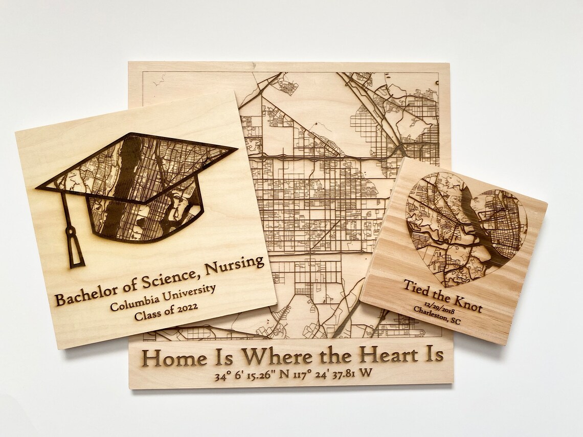 Laser Engraved Wood Map Gift Wedding Gift Newly Wed Couple Gift Custom ...