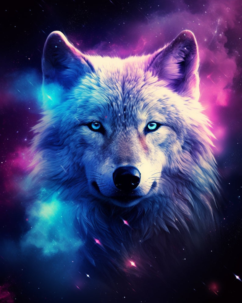 Wolf With Blue Eyes With A Galaxy Background - Etsy