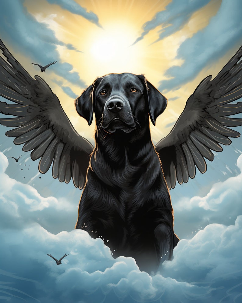 Black Labrador With Wings on Clouds and the Sun in Background - Etsy