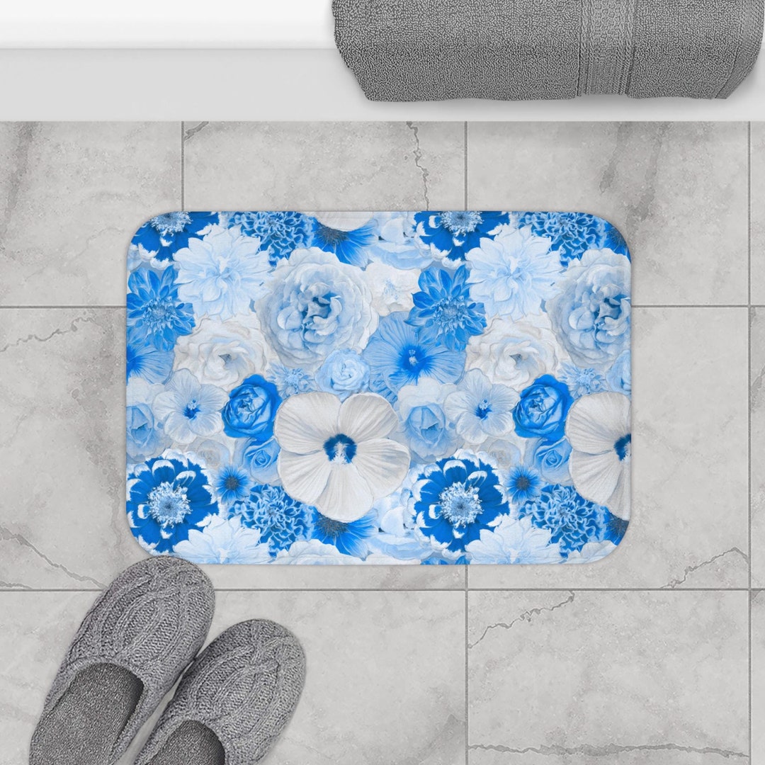 Blue and White Floral Bath Mat - Elegant Non-slip Bathroom Rug, Thick ...