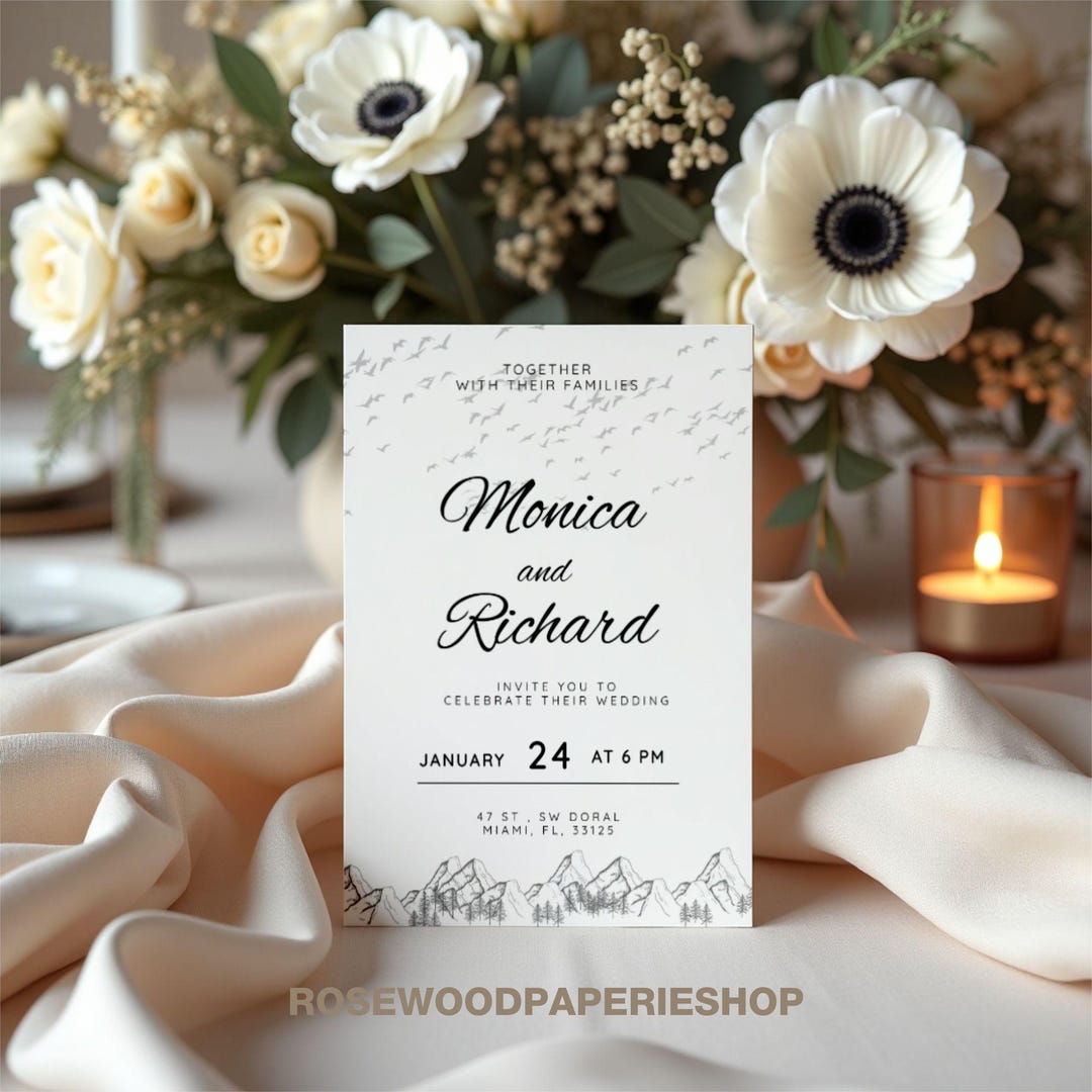 Digital Wedding Invitation With Mountain and Bird Design - Editable ...