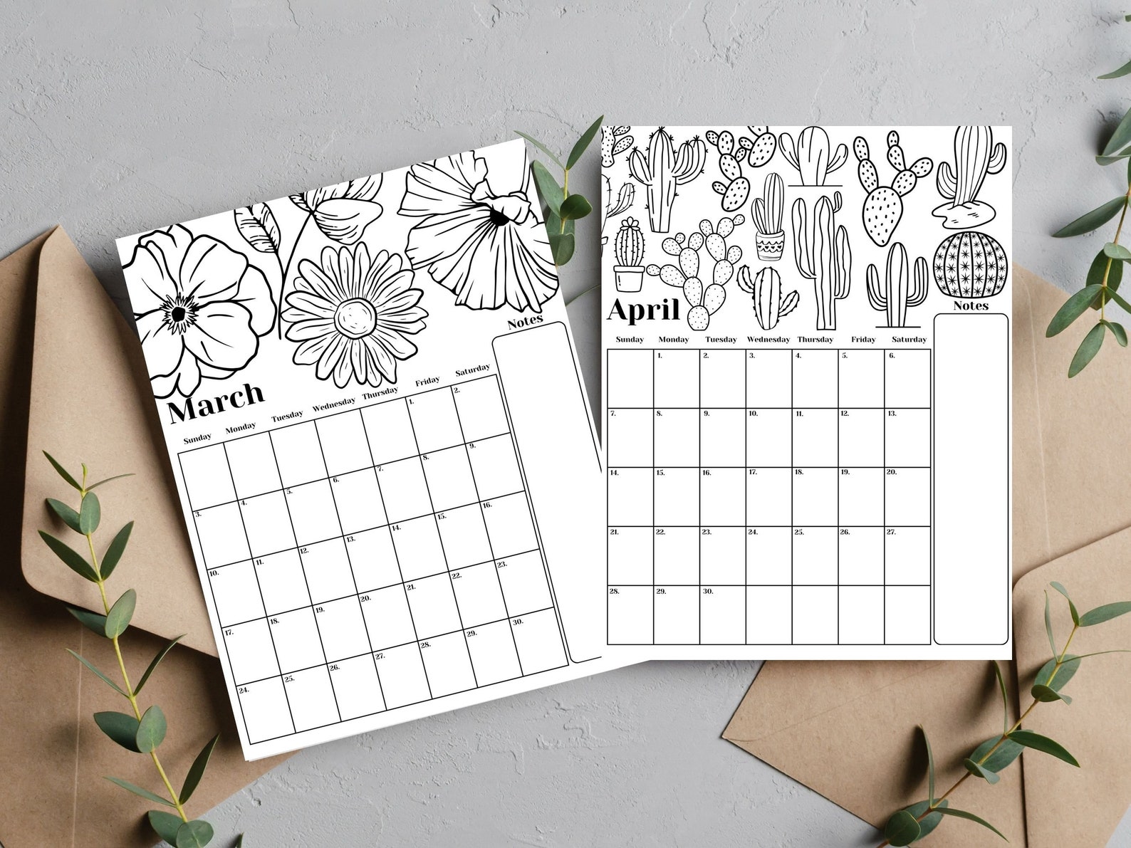 Printable Coloring Calendar, Calendar 2024 Digital Download, Blank ...