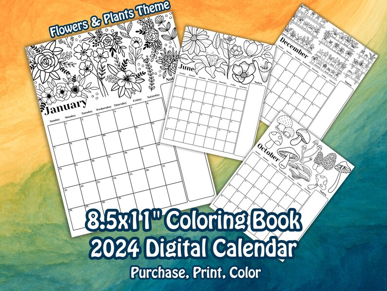 Printable Coloring Calendar, Calendar 2024 Digital Download, Blank ...