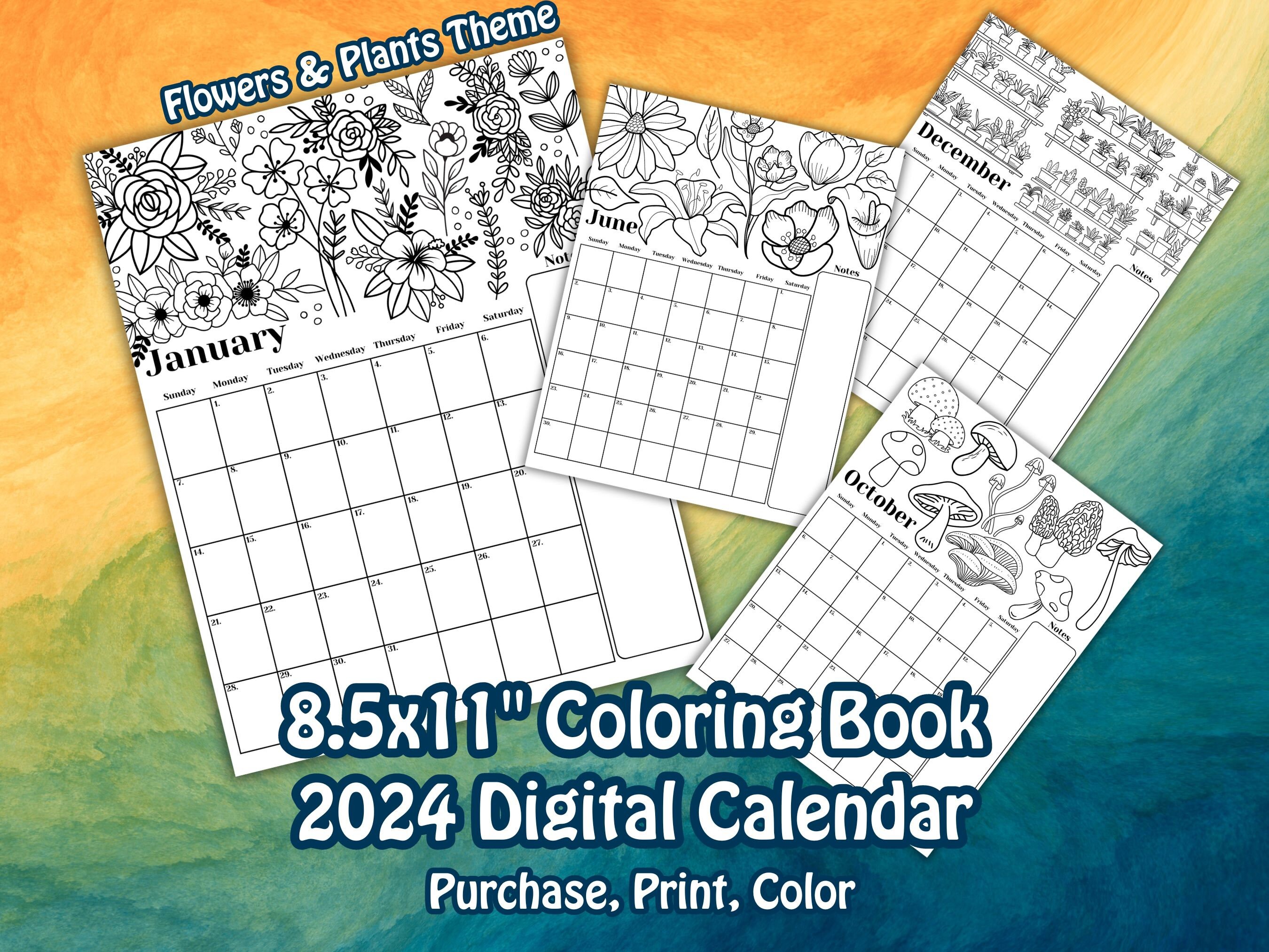 Printable Coloring Calendar, Calendar 2024 Digital Download, Blank ...