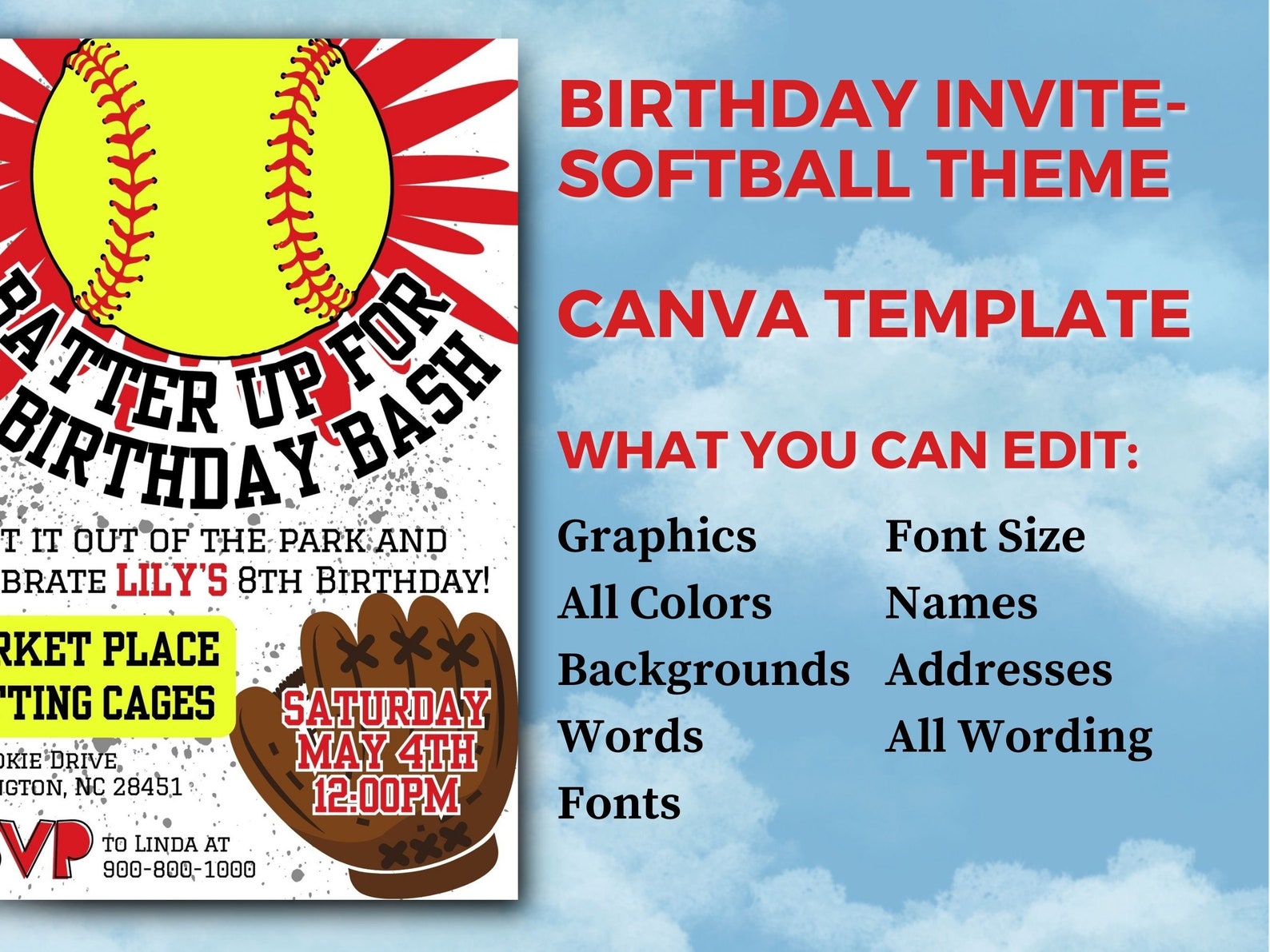 Softball Birthday Invitation, Softball Party, Softball Invite, Birthday ...